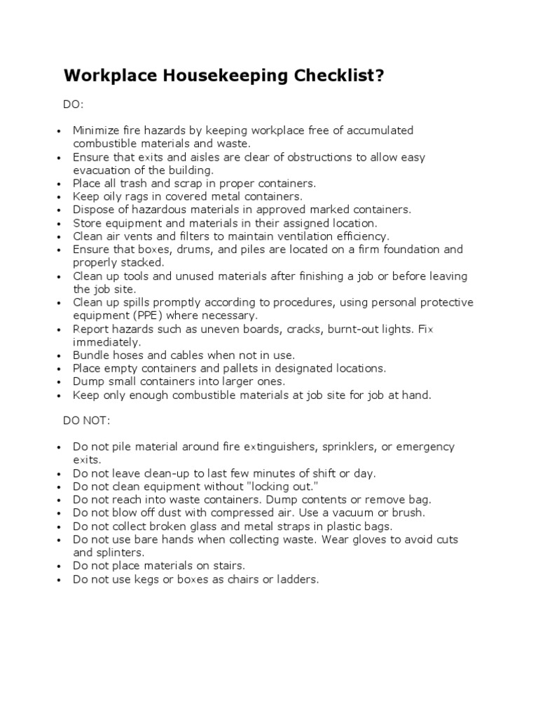 Workplace Housekeeping Checklist | PDF | Home & Garden