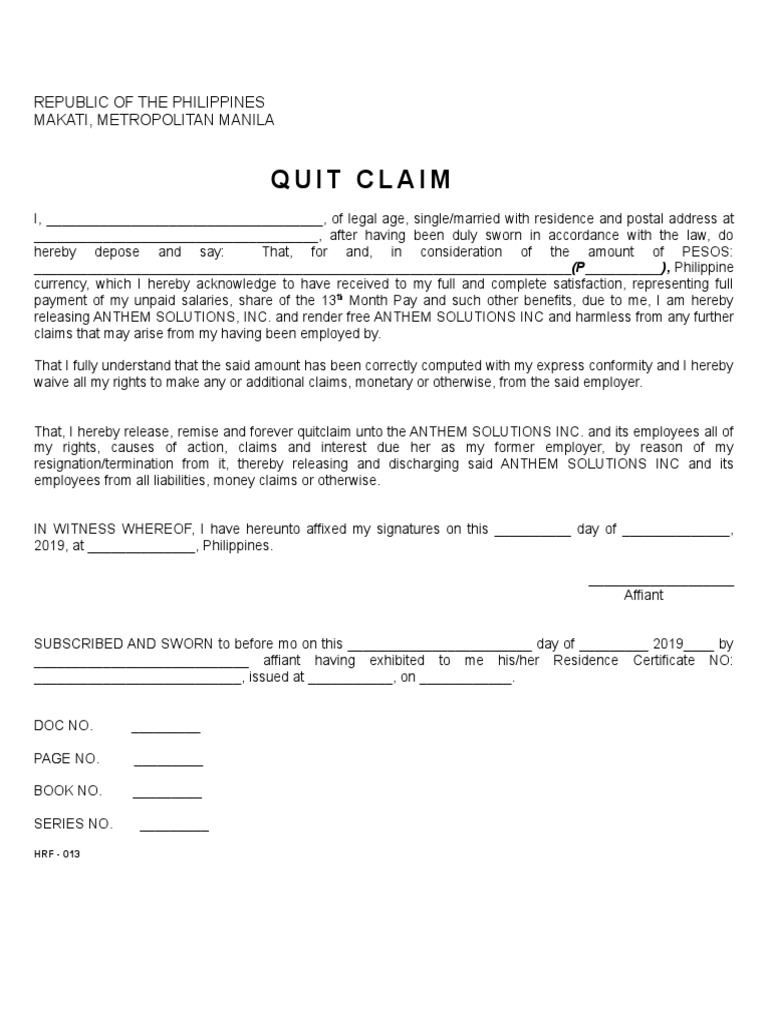 Simple Quit Claim Form Philippines | PDF | Finance & Money Management ...