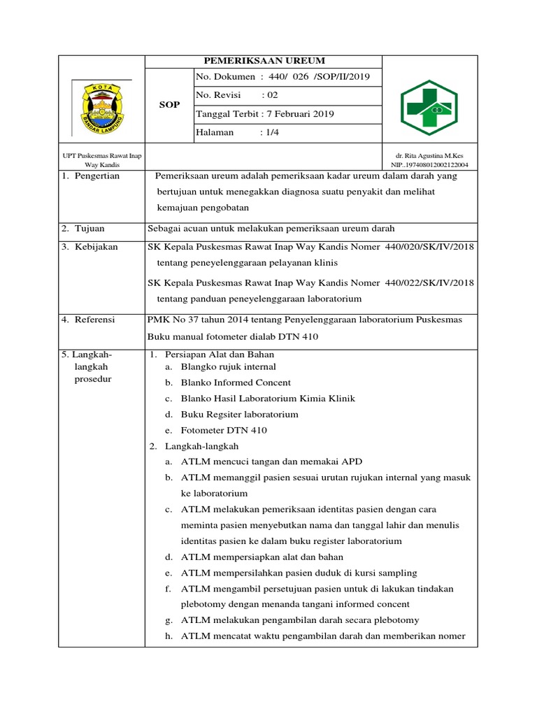 SOP Pemeriksaan Ureum Darah | PDF