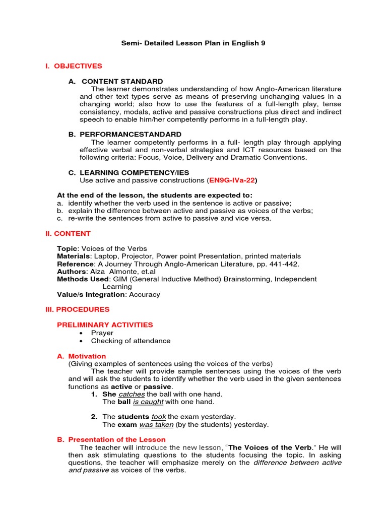 Semi-Detailed Lesson Plan in Eng 9 | PDF | Lesson Plan | Verb