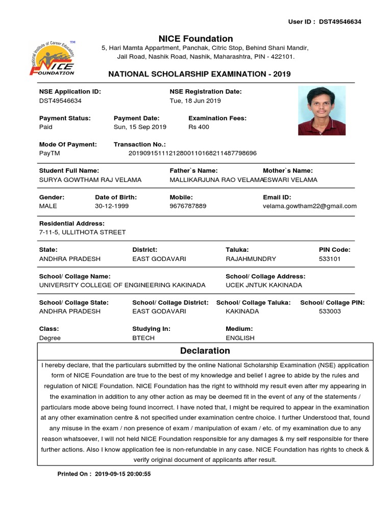 NICE Foundation: National Scholarship Examination - 2019 | Download ...