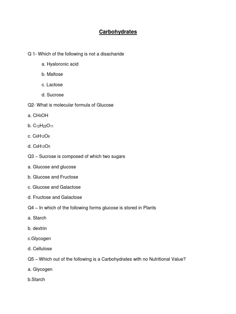 Carbohydrates MCQs | Download Free PDF | Carbohydrates | Glucose