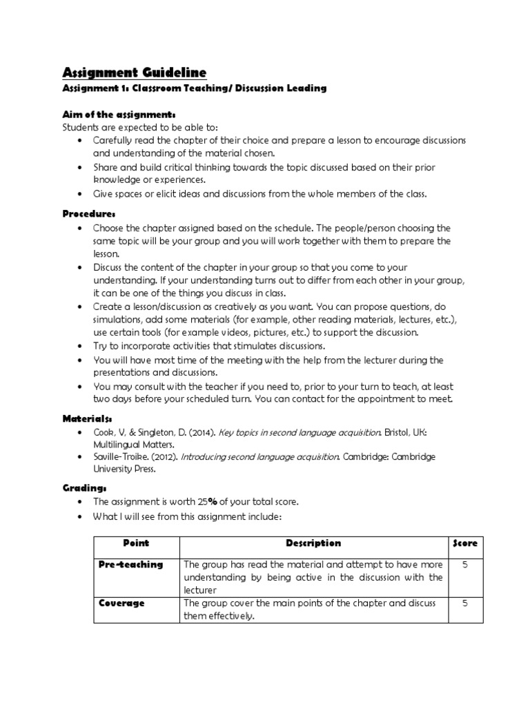 Assignment Guideline: Assignment 1: Classroom Teaching/ Discussion ...