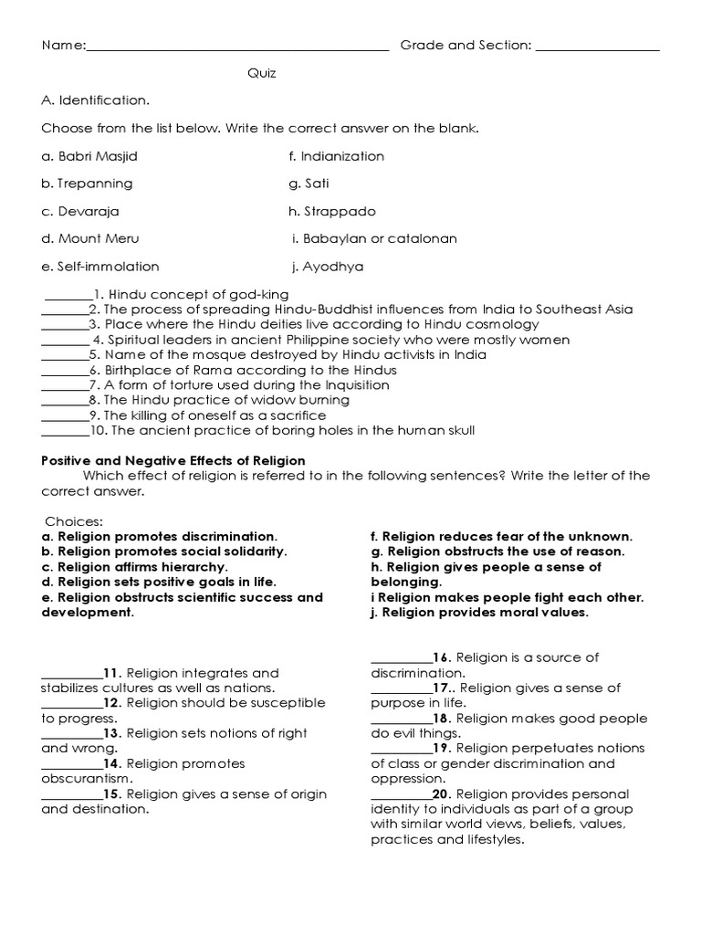Introduction To World Religions Quiz Senior High Lesson 3 | PDF ...