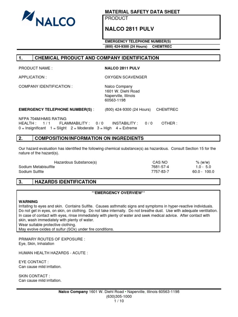Msds Nalco Pdf Dangerous Goods Toxicity