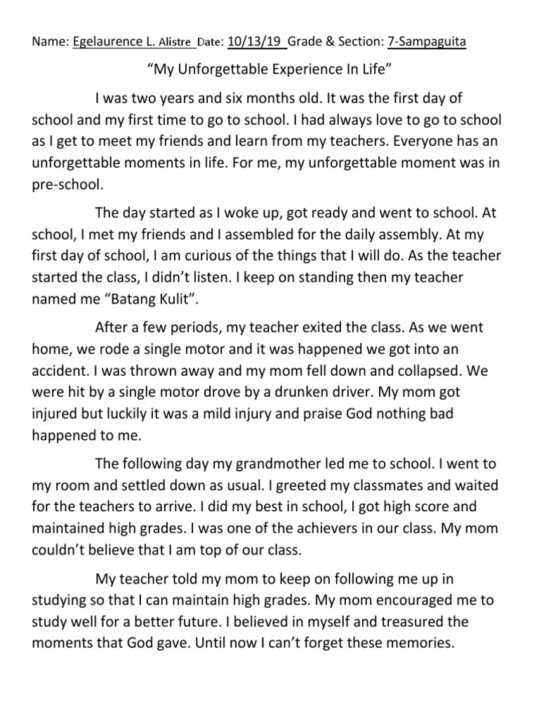 My Unforgettable Experience | PDF