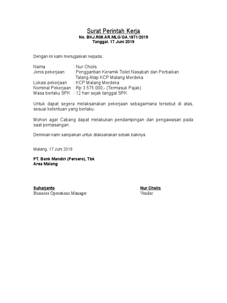Contoh Surat Perintah Kerja Format Pendek | PDF