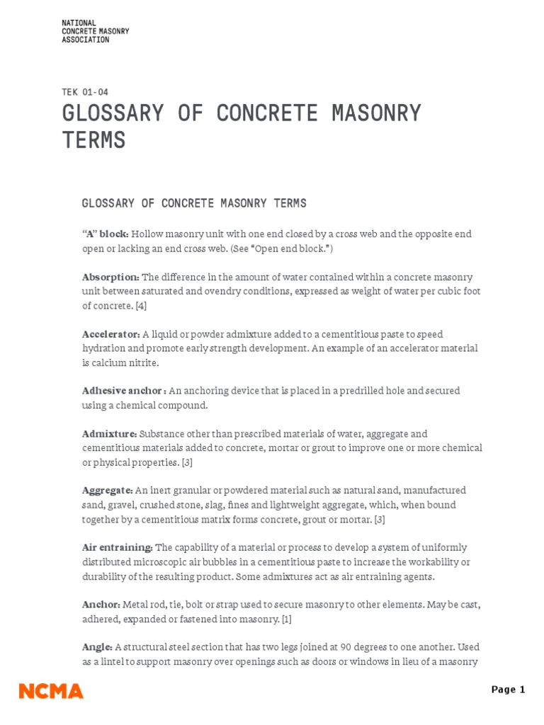 Concrete Masonry Terms Glossary | PDF | Masonry | Prestressed Concrete
