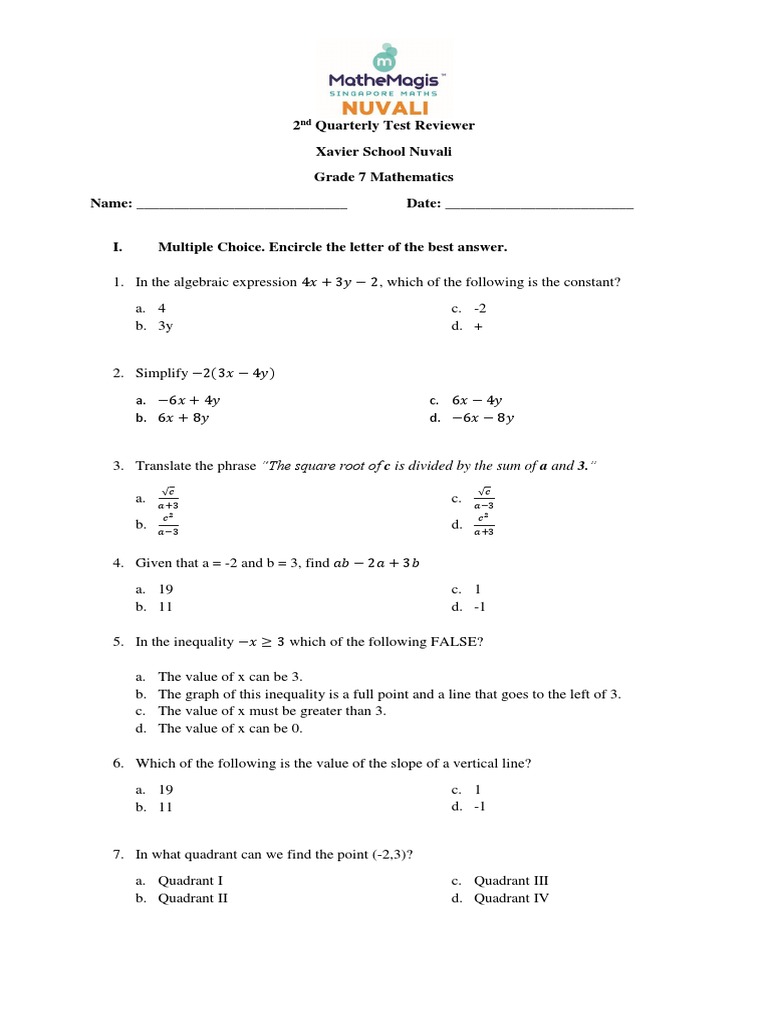 2 Quarterly Test Reviewer Xavier School Nuvali Grade 7 Mathematics Name ...