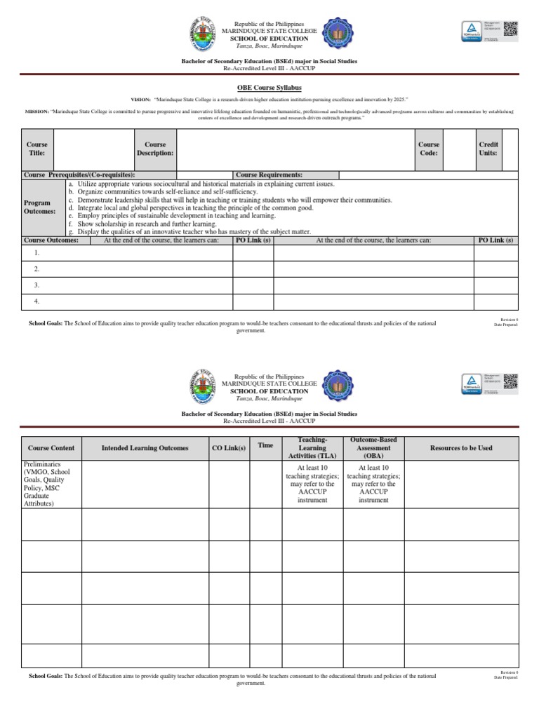 OBE Course Syllabus Format Soksay | PDF | Teacher Education | Lifelong ...