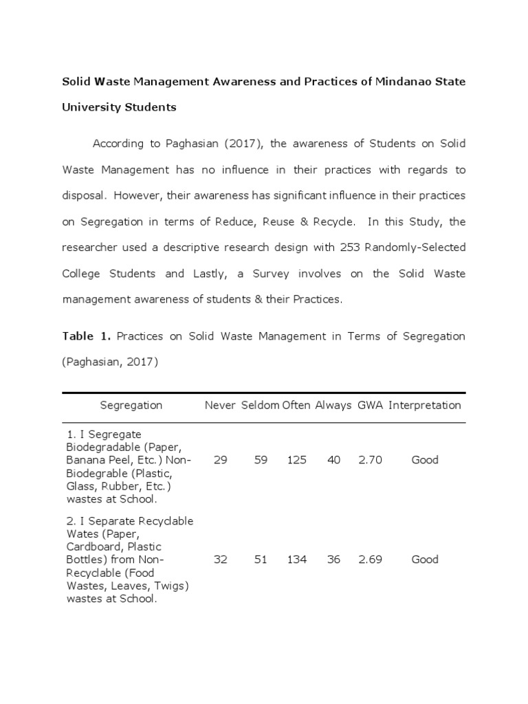 Solid Waste Management Awareness and Practices of Mindanao State ...