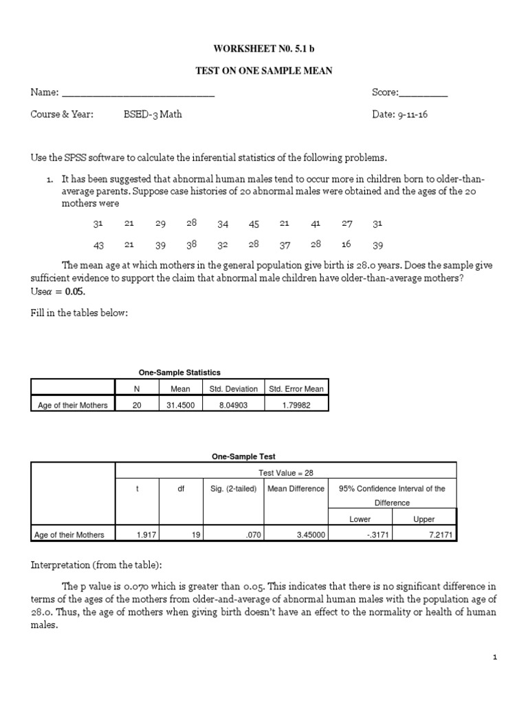 Worksheet N0. 5.1 B Test On One Sample Mean | PDF | Statistical ...