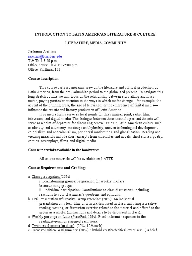 Introduction To Latin American Literature & Culture:: Jarellan@brandeis ...