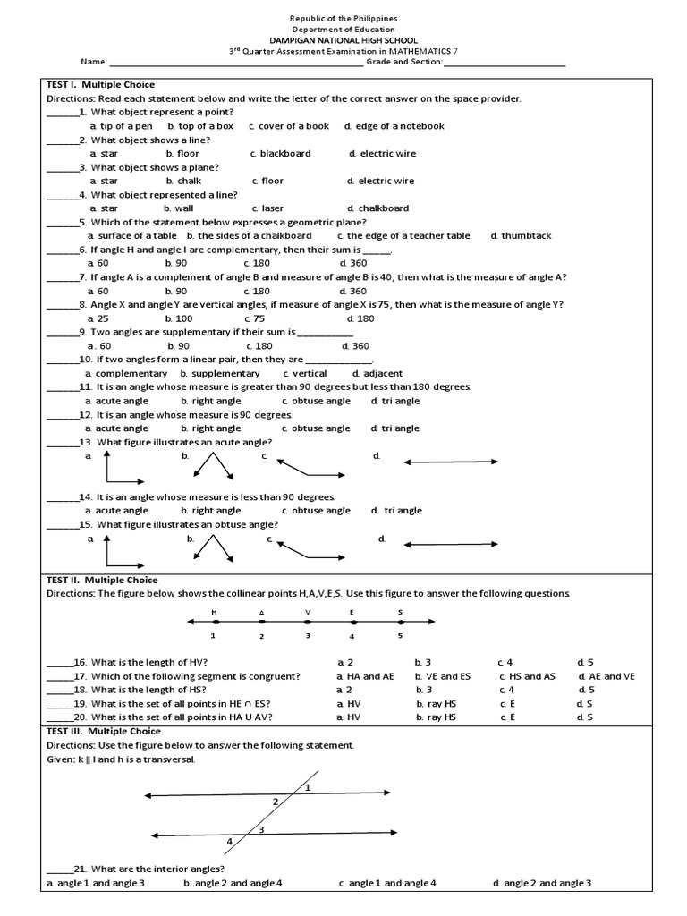 3rd Quarter Exam in Math 7 | PDF | Angle | Triangle