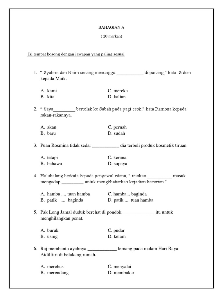 Isi Tempat Kosong Dengan Jawapan Yang Paling Sesuai: Bahagian A (20 Markah) | PDF