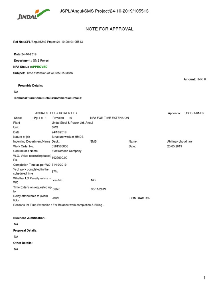 JSPL/Angul/SMS Project/24-10-2019/105513: Approved | PDF | Business