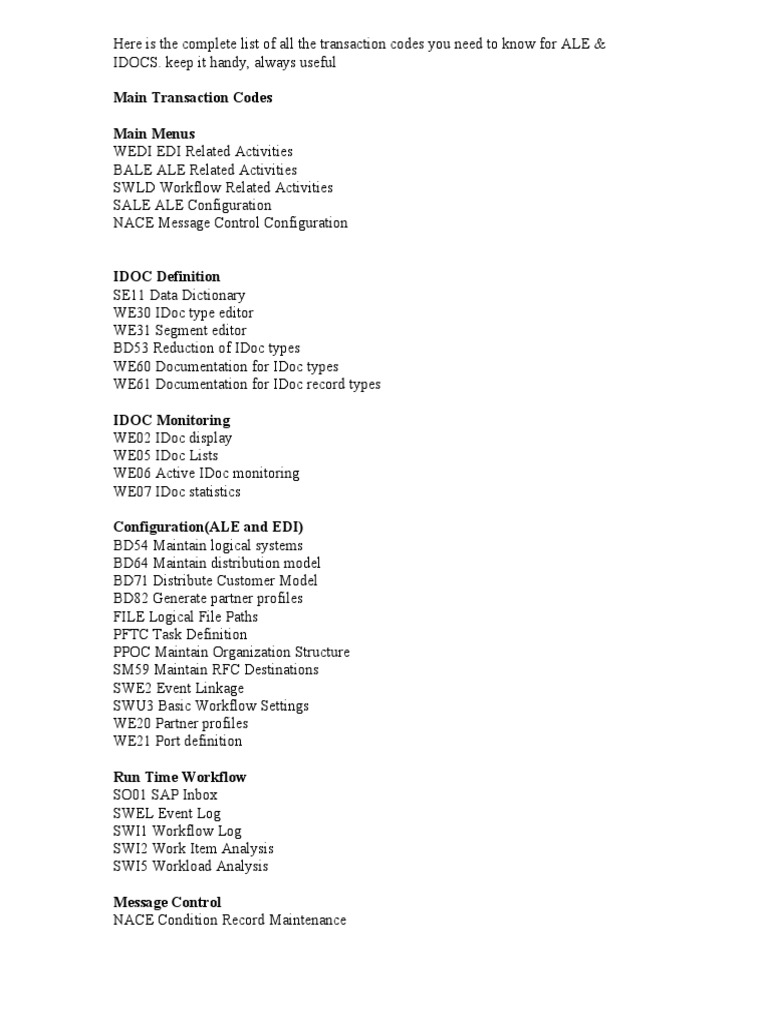 ALE Transaction Code | PDF | Electronic Data Interchange | Object (Computer Science)