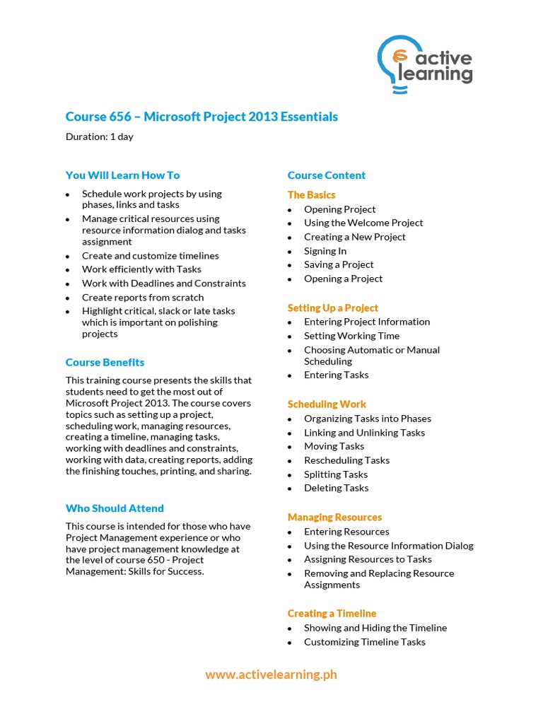 Course 656 - Microsoft Project 2013 Essentials: You Will Learn How To Course Content | PDF ...