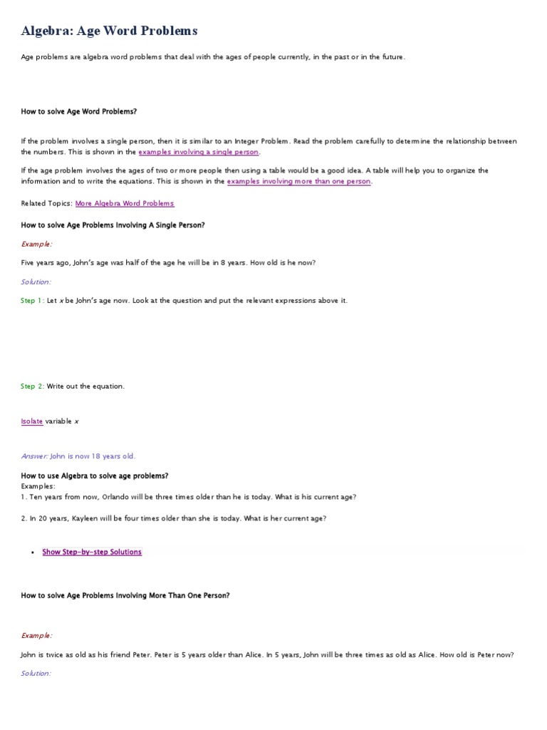 Mathematics (Age Problems With Solution) | PDF | Algebra | Equations