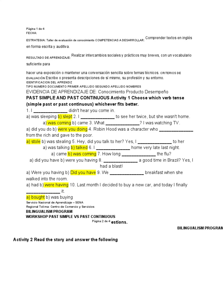 Past Simple vs. Past Continuous Worksheet | PDF | Grammar