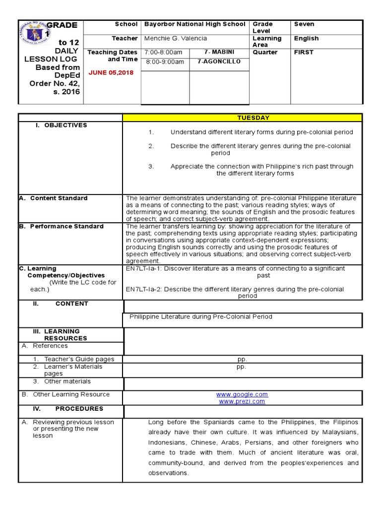 Grade 1 To 12: Daily Lesson Log Based From Deped Order No. 42, S. 2016 ...