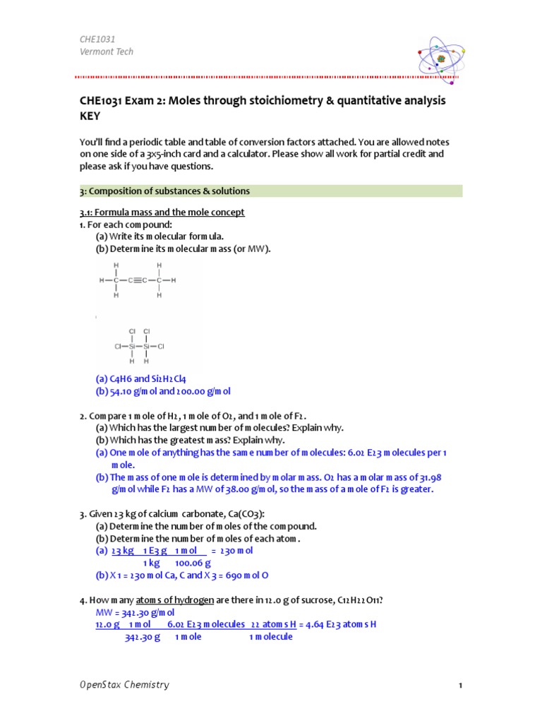 CHE1031 Exam 2: Moles Through Stoichiometry & Quantitative Analysis KEY ...