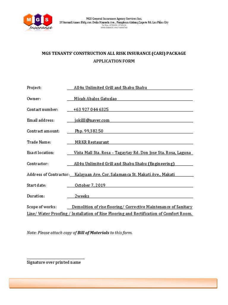 Mgs Tenants' Construction All Risk Insurance (Cari) Package ...