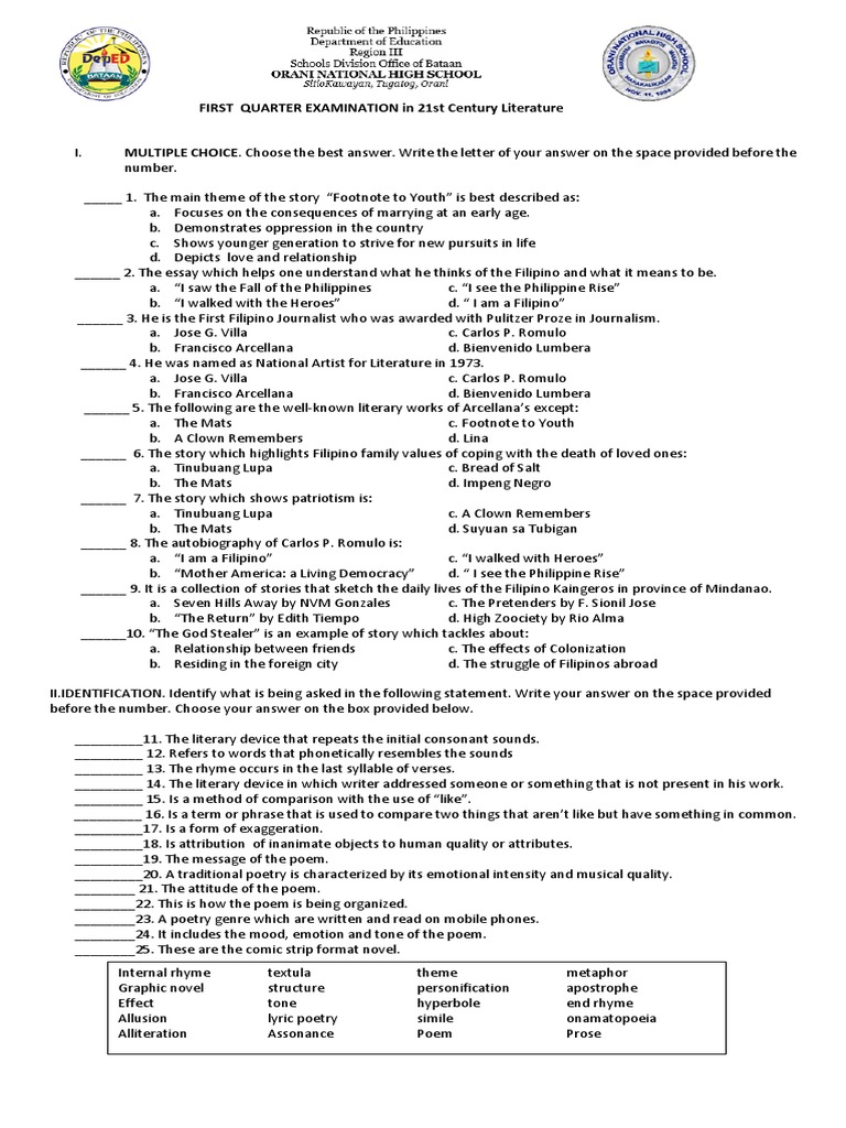 21st Century Literature - Local - First Exam | PDF | Poetry