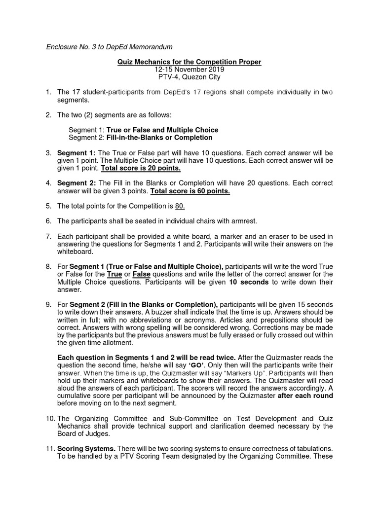 Quiz Mechanics of The Competition Proper | PDF | Question | Leisure