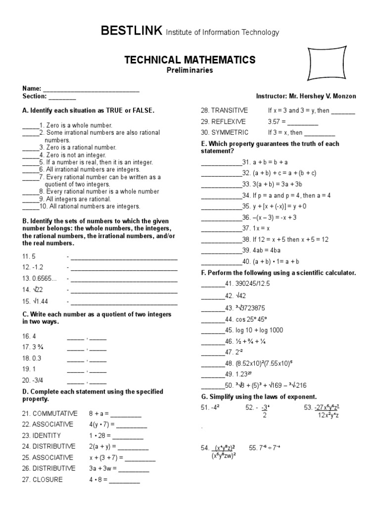 Exam - Technical Mathematics | PDF | Rational Number | Numbers
