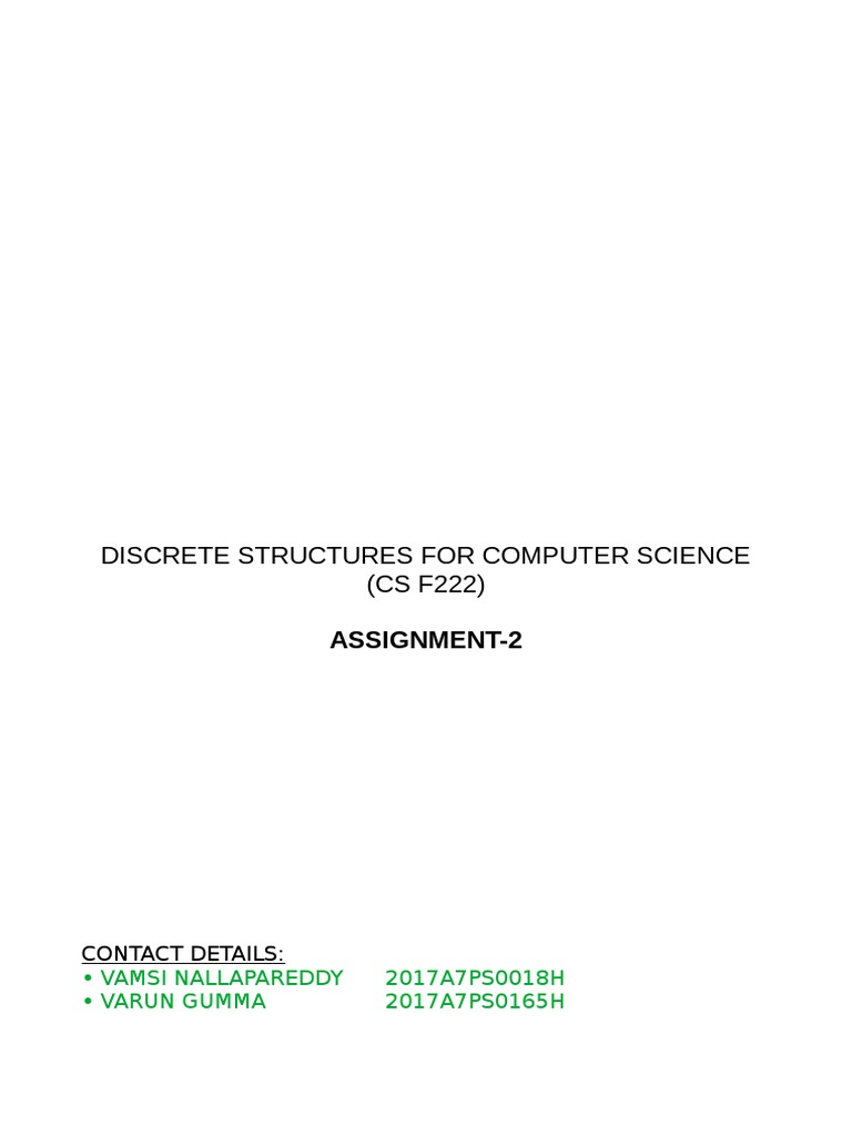 Discrete Structures For Computer Science (CS F222) : Assignment-2 | PDF | Vertex (Graph Theory ...
