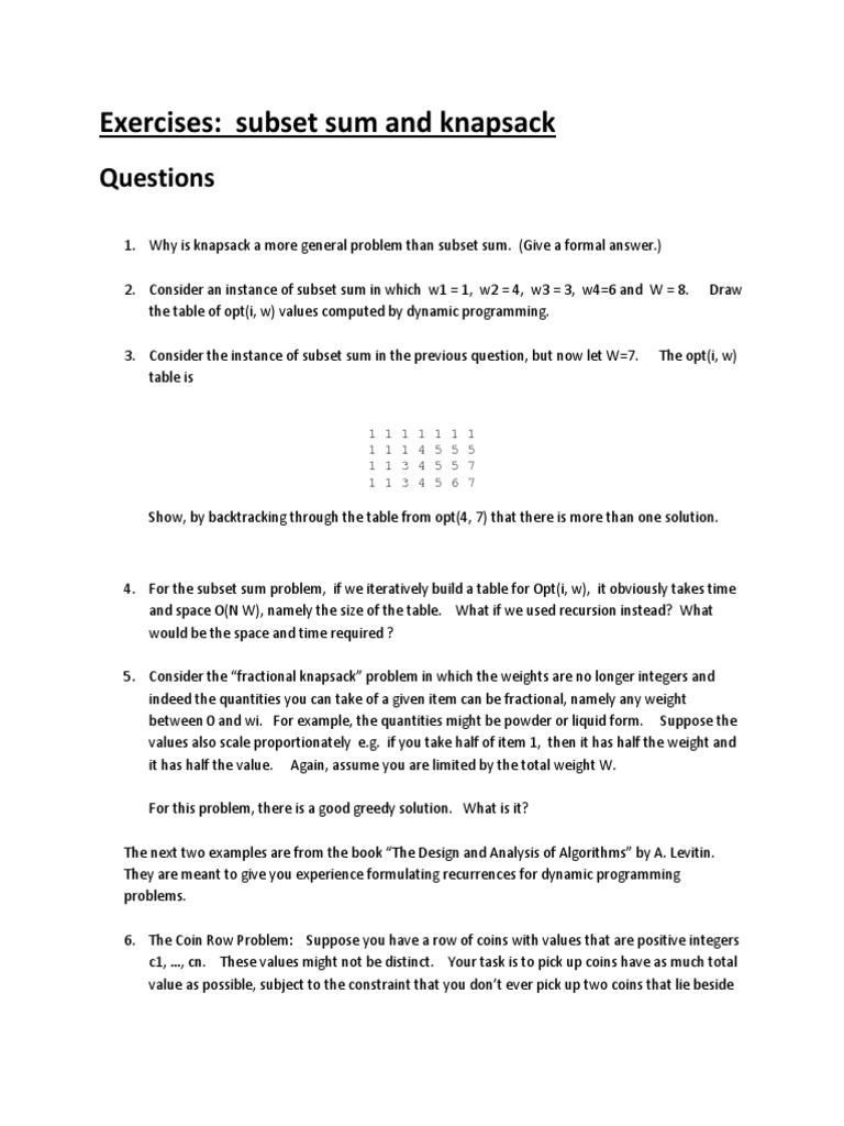 Exercises: Subset Sum and Knapsack: Questions | PDF | Dynamic ...