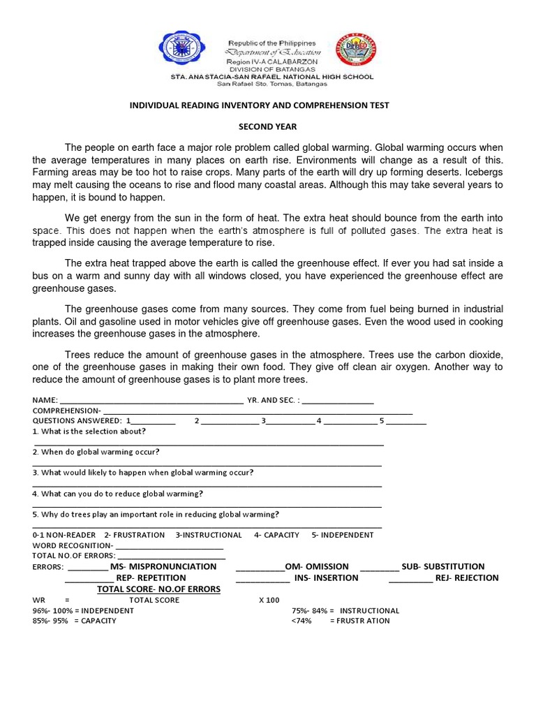 Individual Reading Inventory | PDF | Greenhouse Effect | Global Warming
