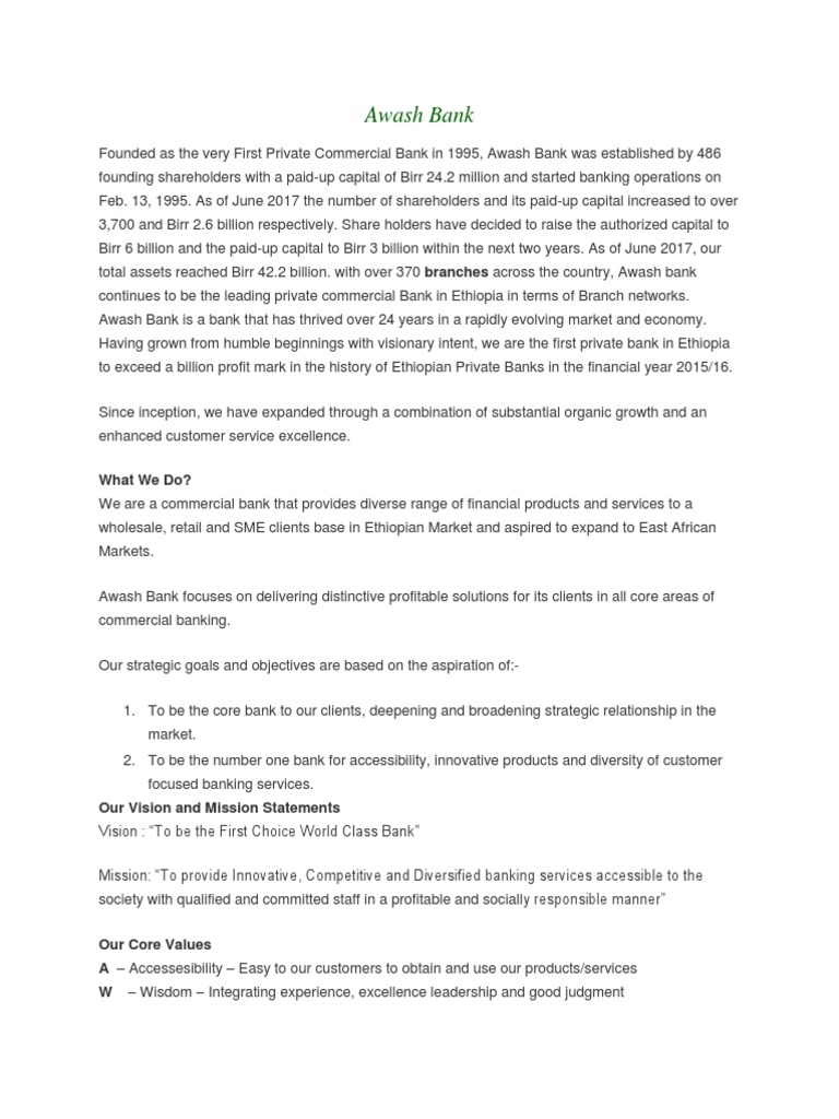 Awash Bank: What We Do? | PDF | Ethiopia | Banks