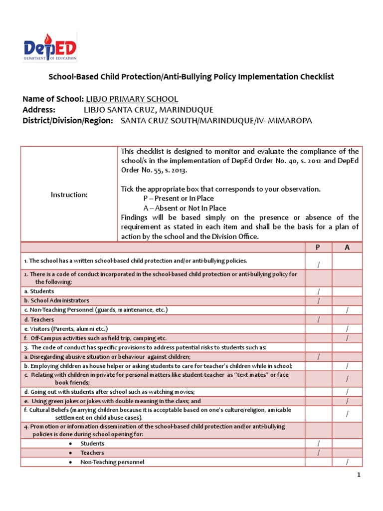 Annex 2B - Child Protection Policy Implementation Checklist Libjo | PDF ...