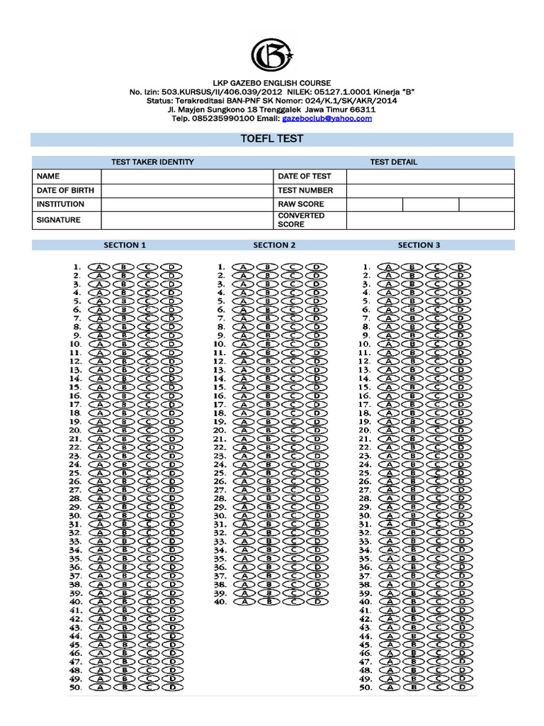TOEFL Answer Sheet | PDF