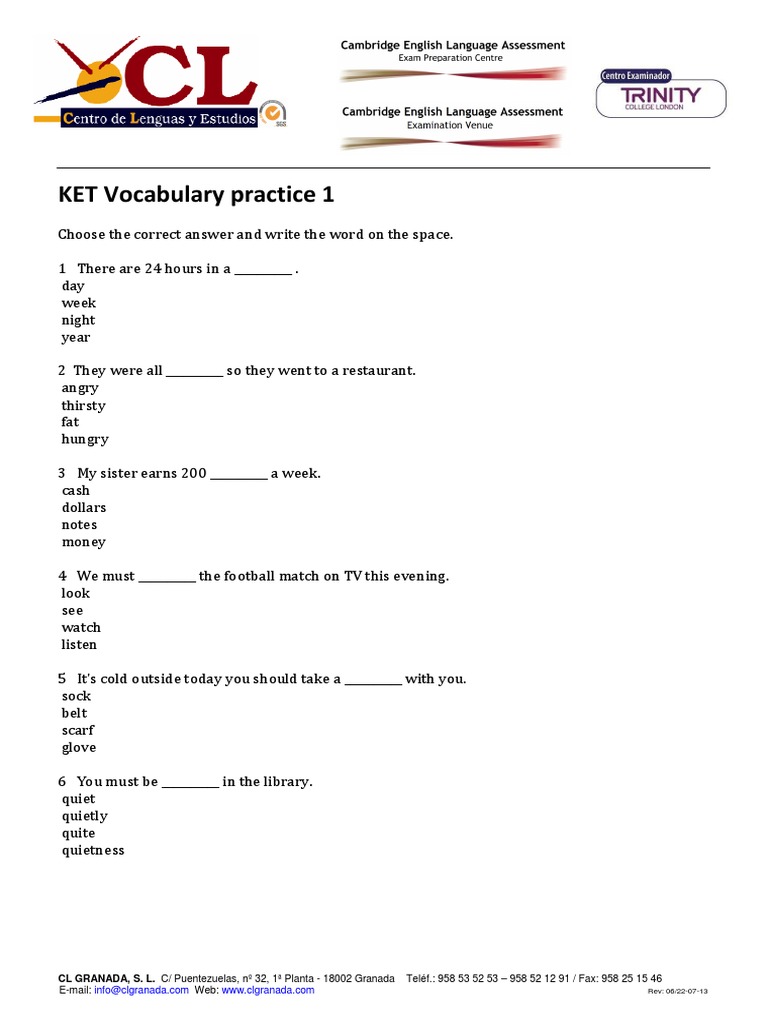 KET Vocabulary Practice Exercises | PDF