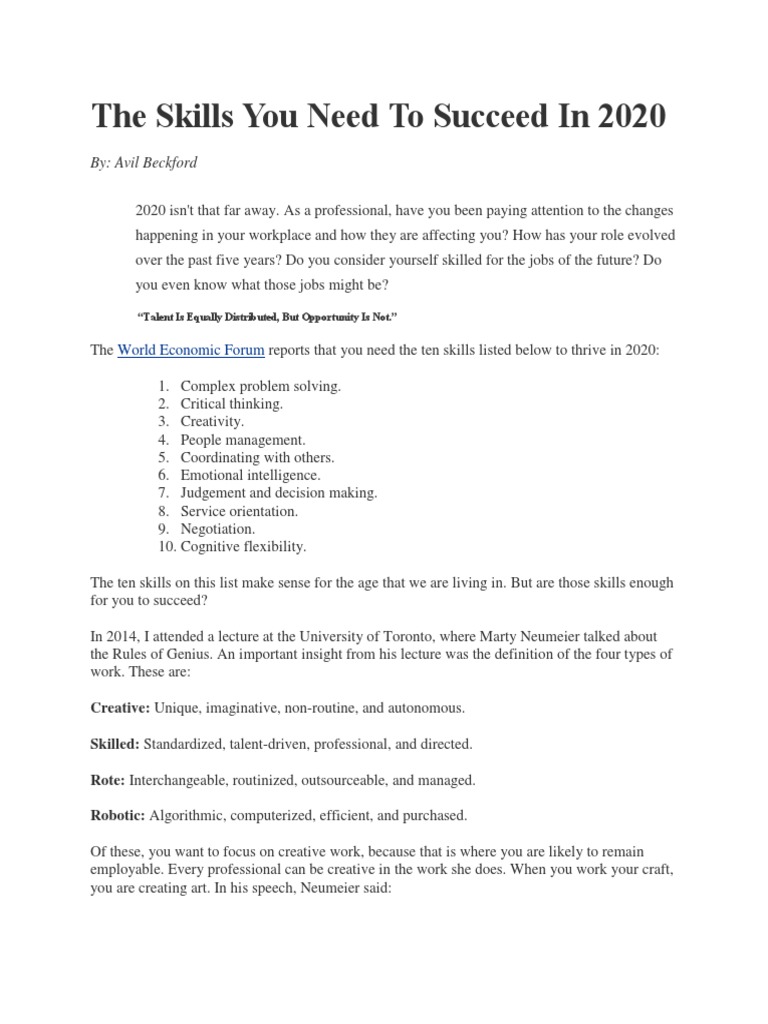 Essential Skills for Success in 2020 | PDF | Creativity | Learning