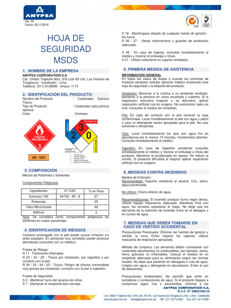 Hoja de Seguridad Epoxico Titanic | PDF | Solvente | Agua