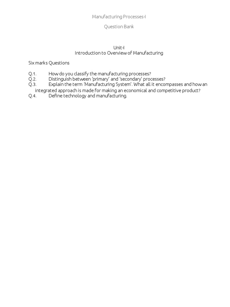 Question Bank Manufacturing Process | PDF | Casting (Metalworking ...