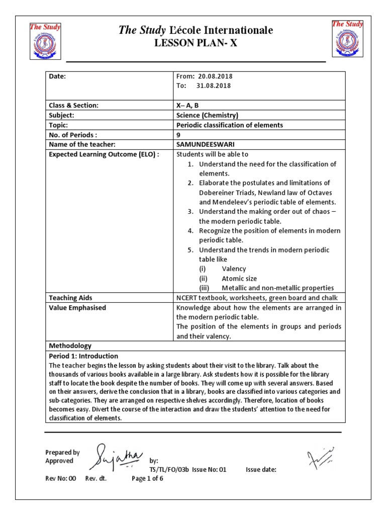 Lesson Plan For Class 10 | PDF | Periodic Table | Chemical Elements