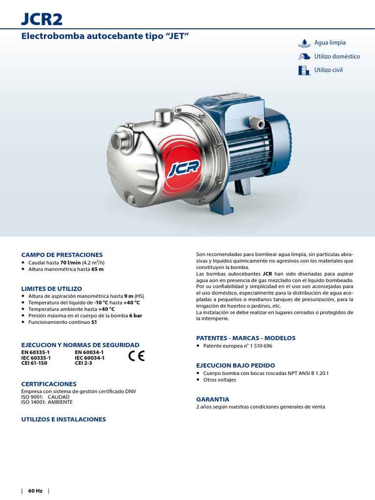Pedrollo JCR2 ES 60Hz | PDF | Agua | Cantidades fisicas