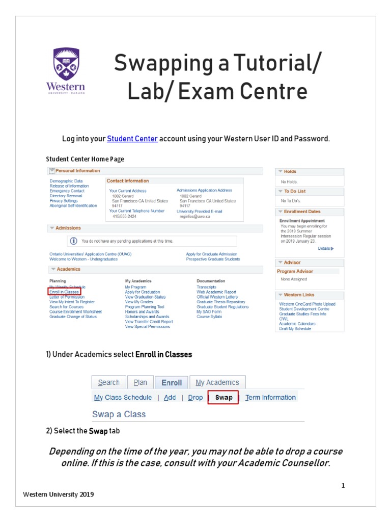 Swapping A Tutorial/ Lab/ Exam Centre: Log Into Your Account Using Your Western User ID and ...