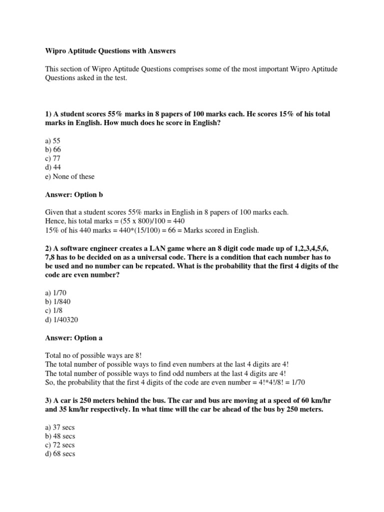 Analysis of Sample Wipro Aptitude Questions and Answers | PDF | Speed ...