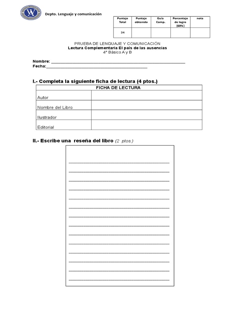 Prueba de Lectura Complementaria - El País de Las Ausencias 4to A y B | Descargar gratis PDF ...