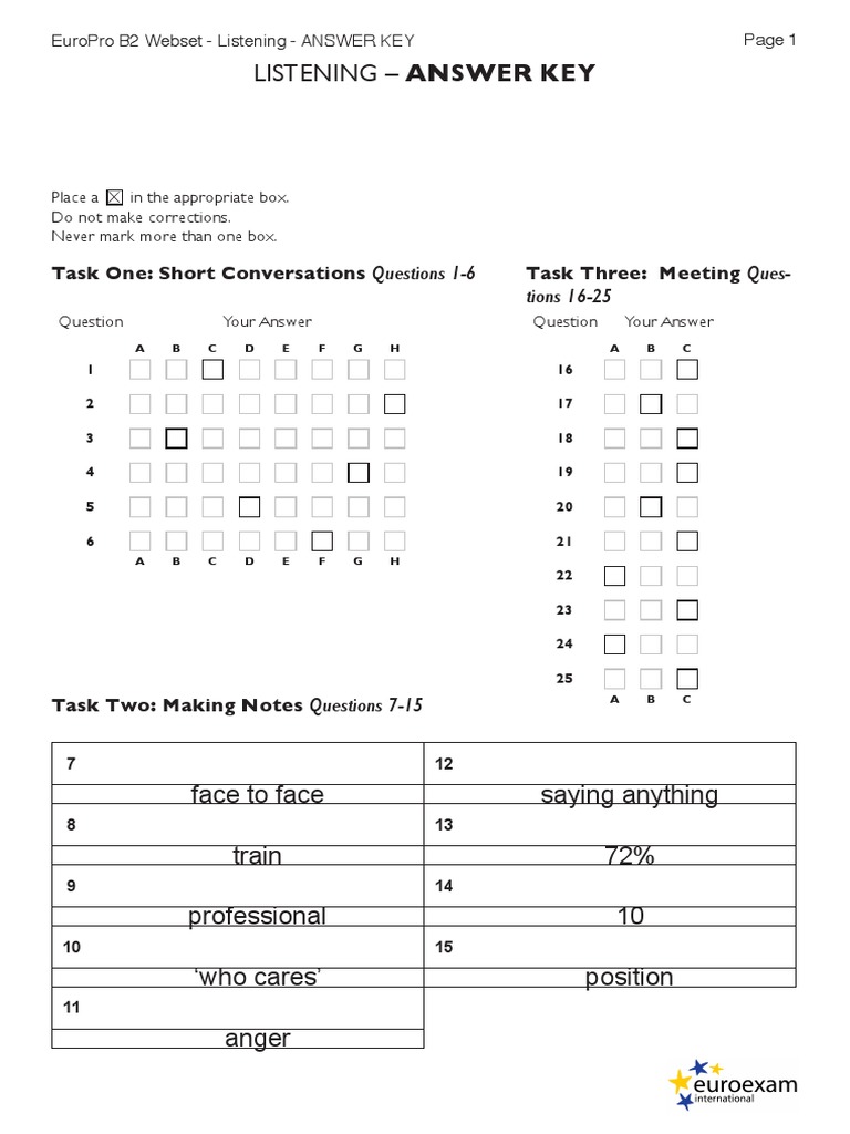Listening - Answer Key: Task One: Short Conversations Questions 1-6 ...