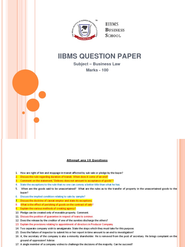 Iibms Question Paper: Subject - Business Law Marks - 100 | PDF