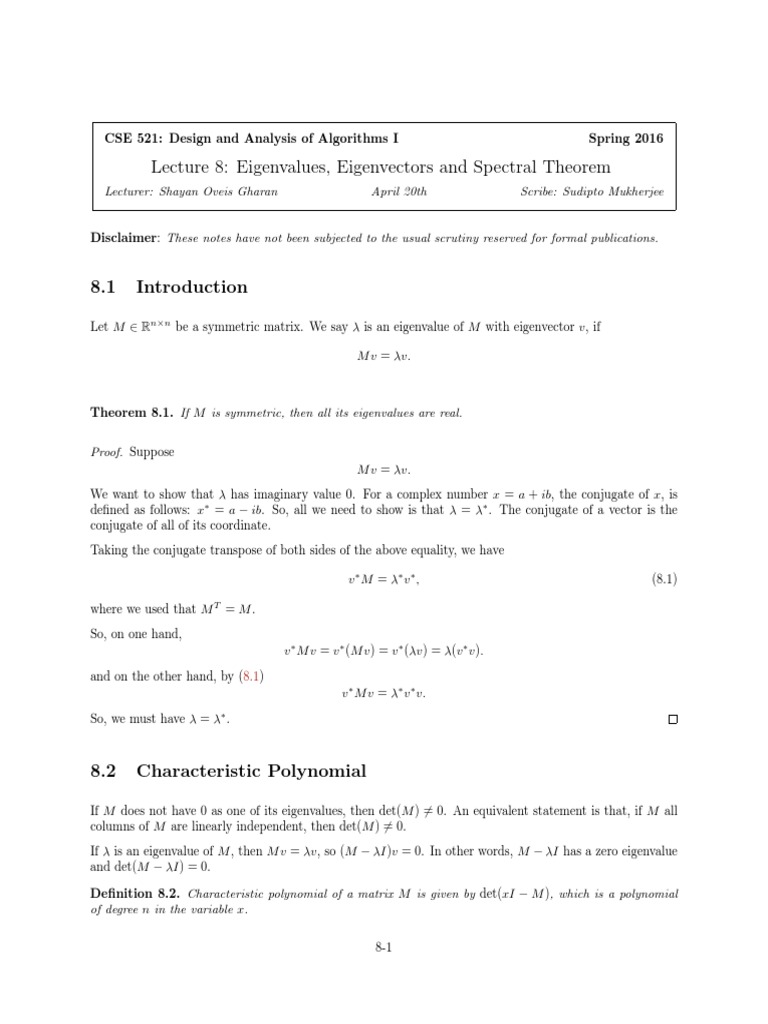 Lecture 8 Eigenvalues Eigenvectors And Spectral Theorem Pdf Eigenvalues And Eigenvectors