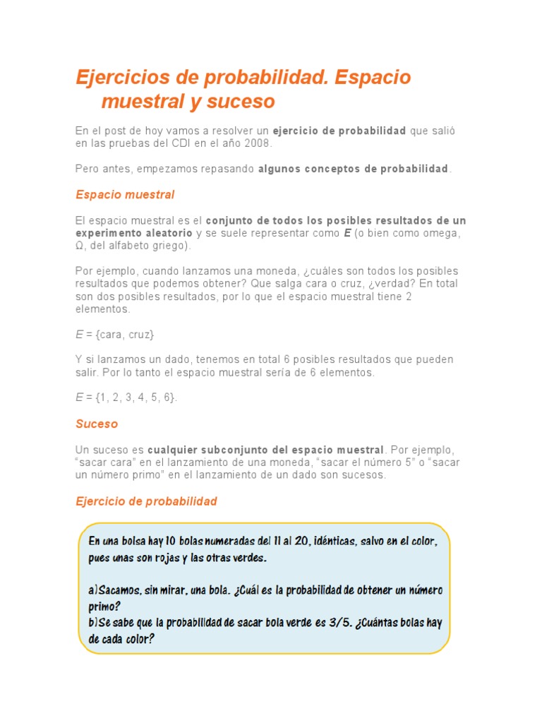 Ejercicios de Probabilidad. Espacio Muestral y Suceso | PDF | Probabilidad | Probabilidades y ...