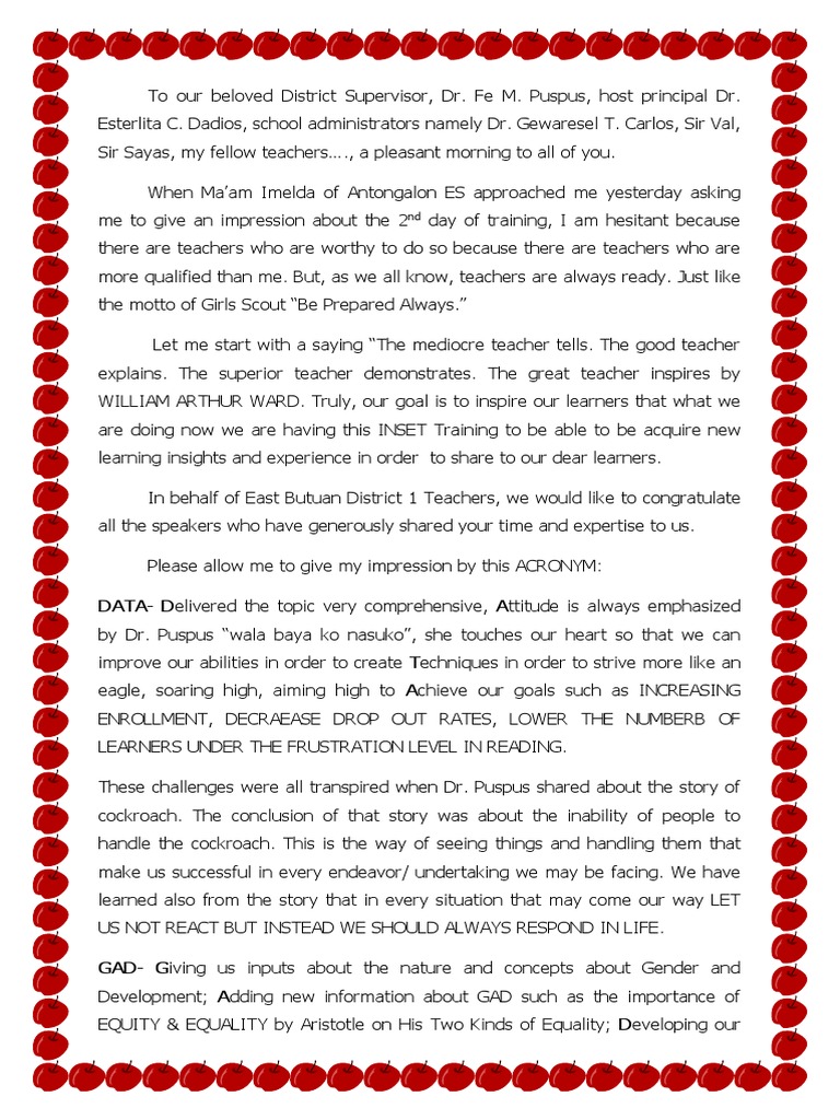 Impression Inset Training | PDF | Wisdom | Pedagogy